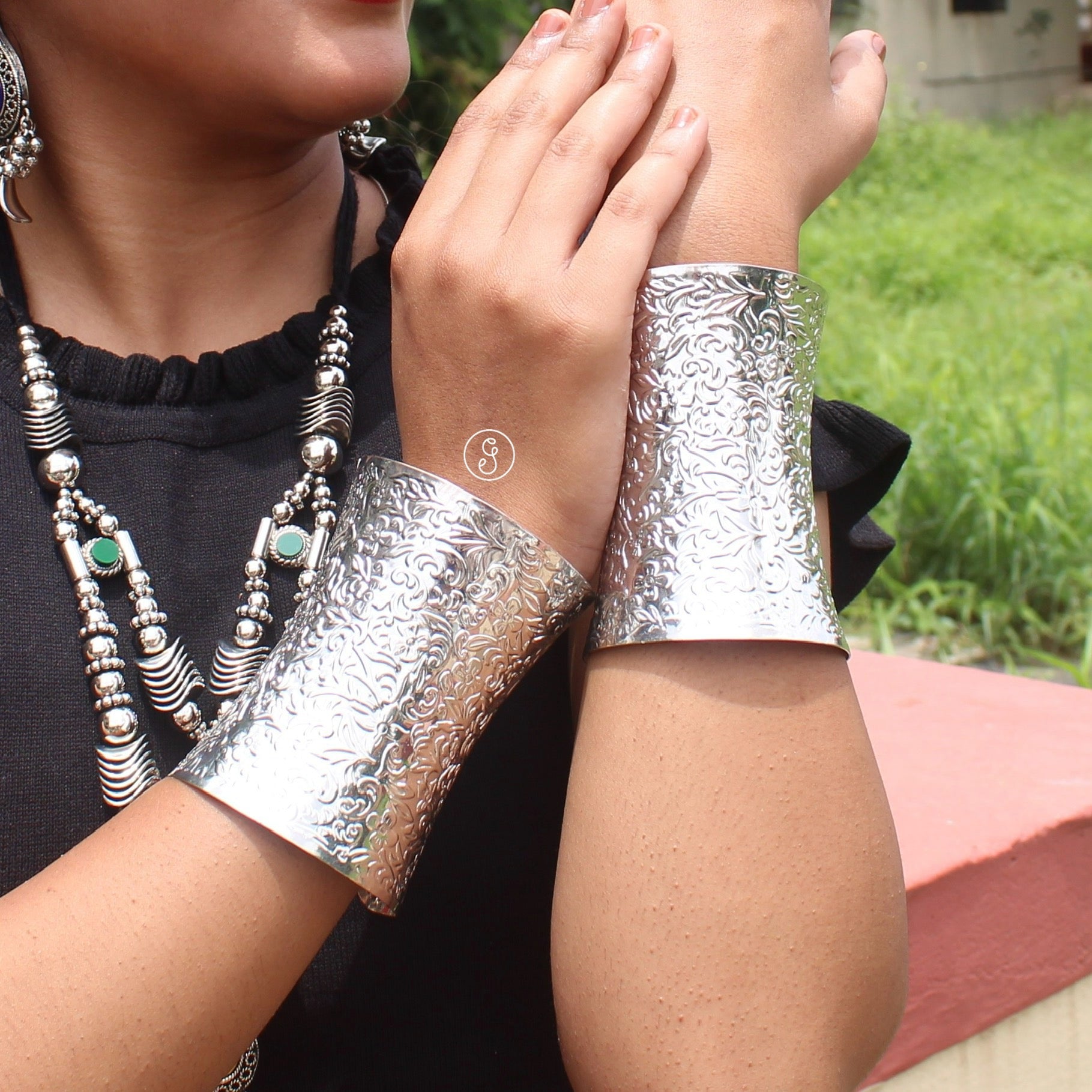 Silver Carved Long Hand Cuff Bracelet Pair